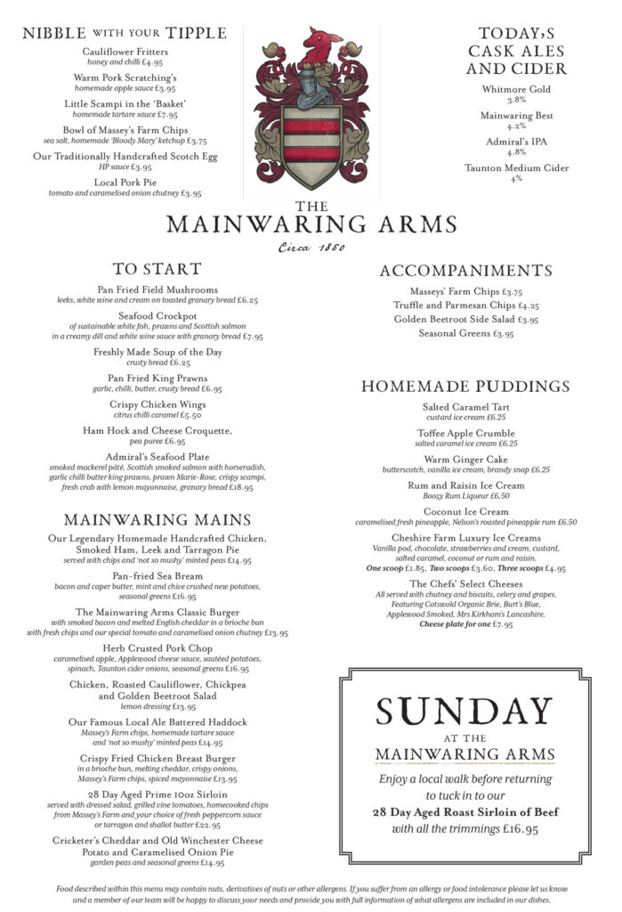 Main Menu | Mainwaring Arms