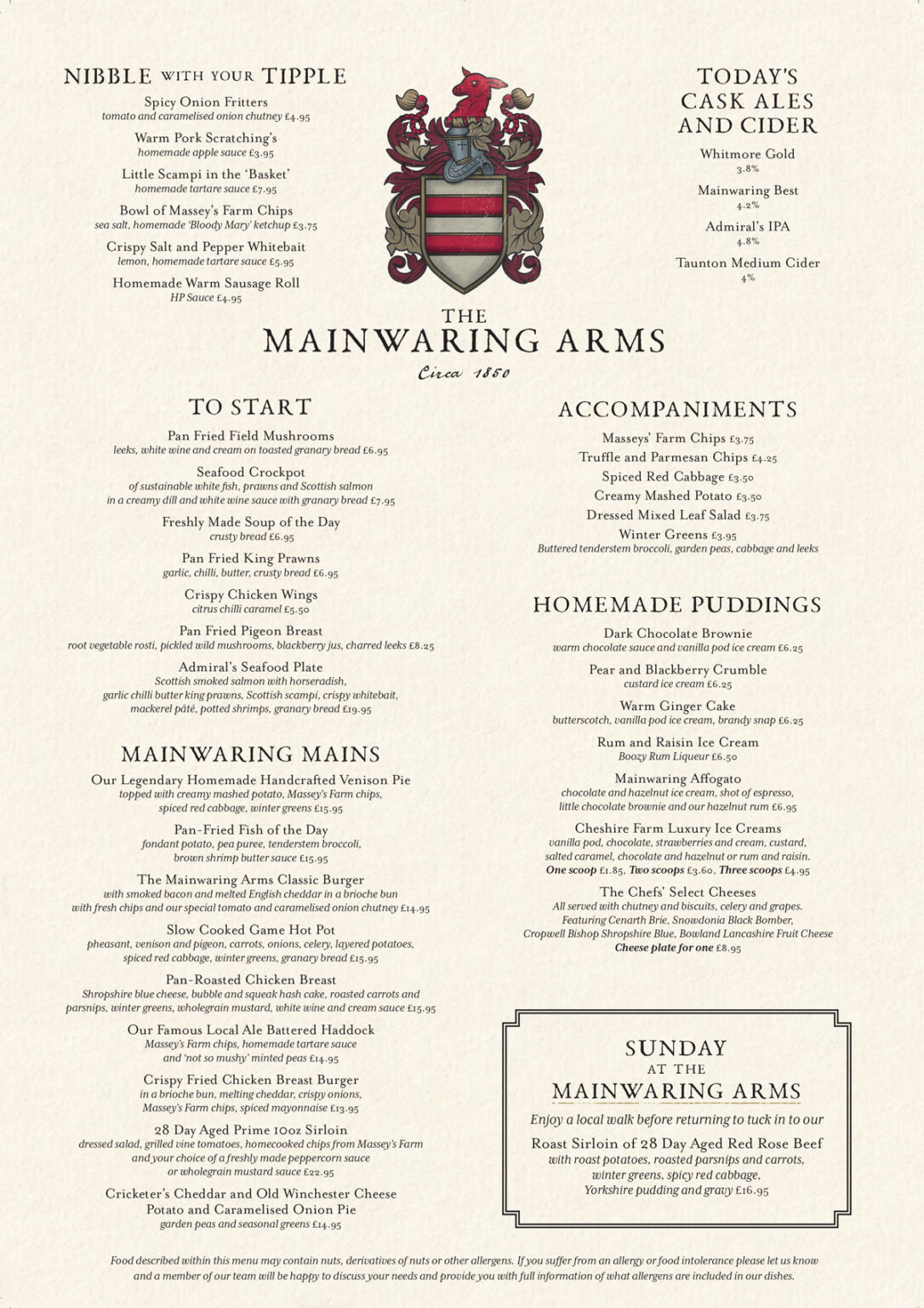 Main Menu | Mainwaring Arms