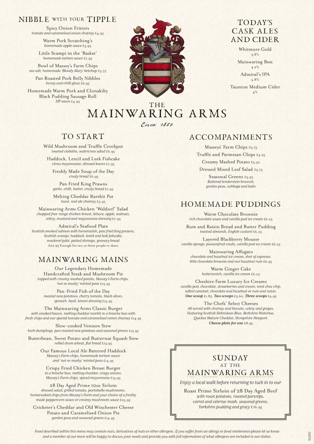 Main Menu | Mainwaring Arms