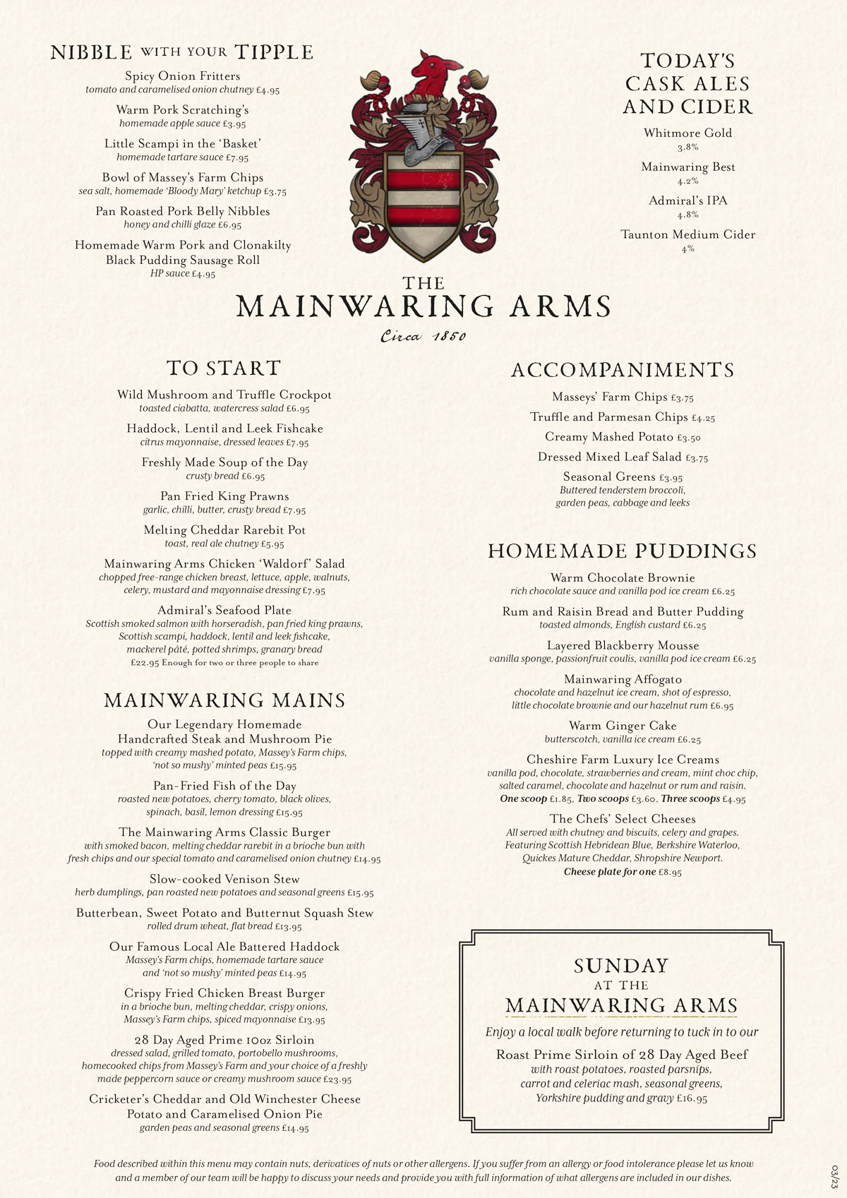 Main Menu | Mainwaring Arms