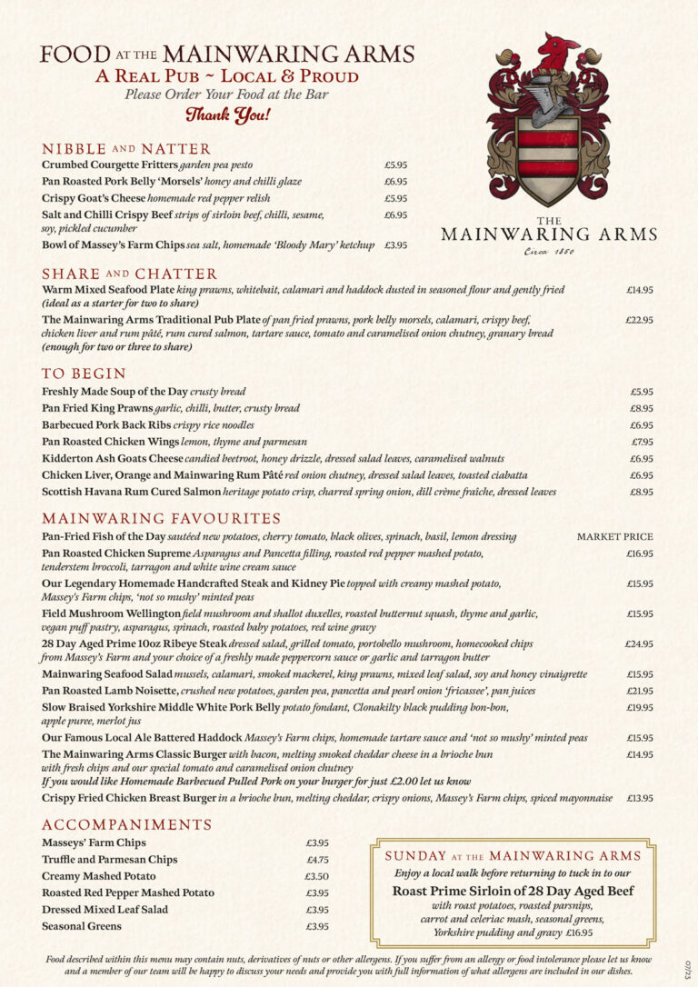 Main Menu | Mainwaring Arms