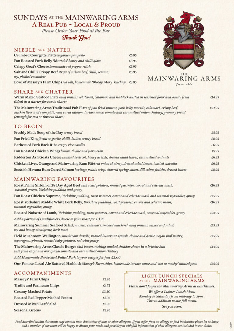 Main Menu | Mainwaring Arms
