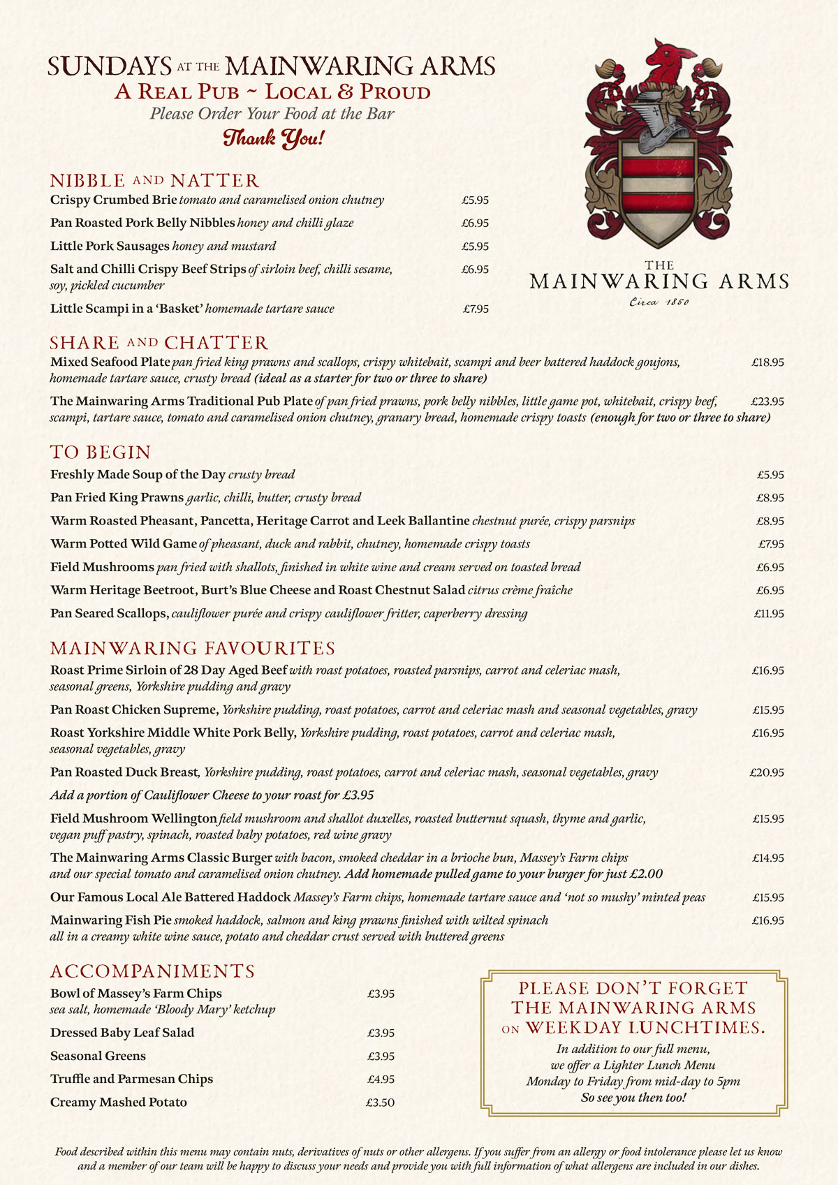 Sunday Menu | Mainwaring Arms