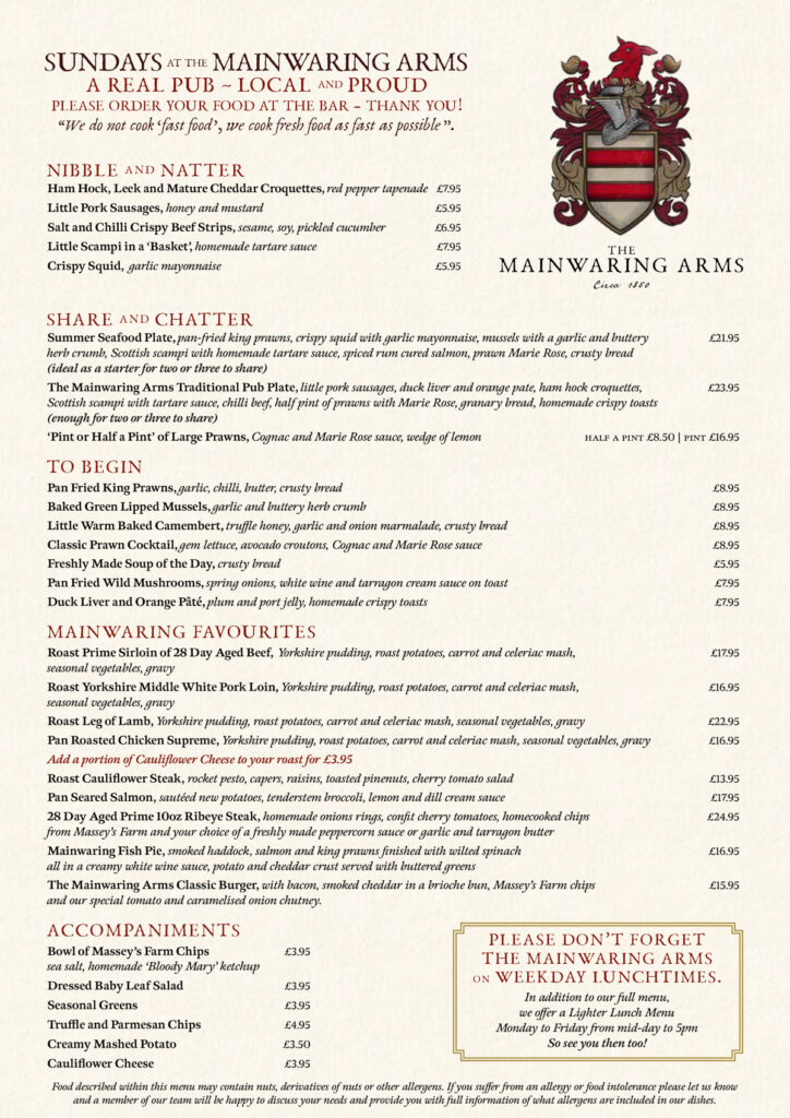 Sunday Menu | Mainwaring Arms