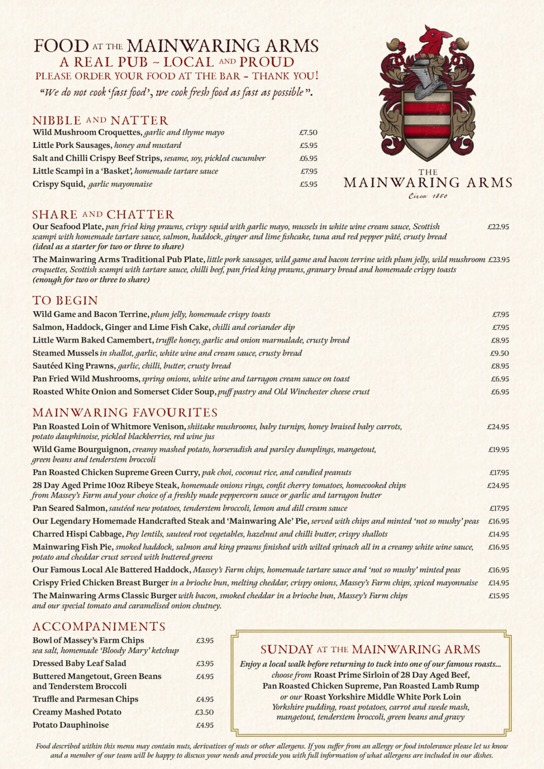 Main Menu | Mainwaring Arms