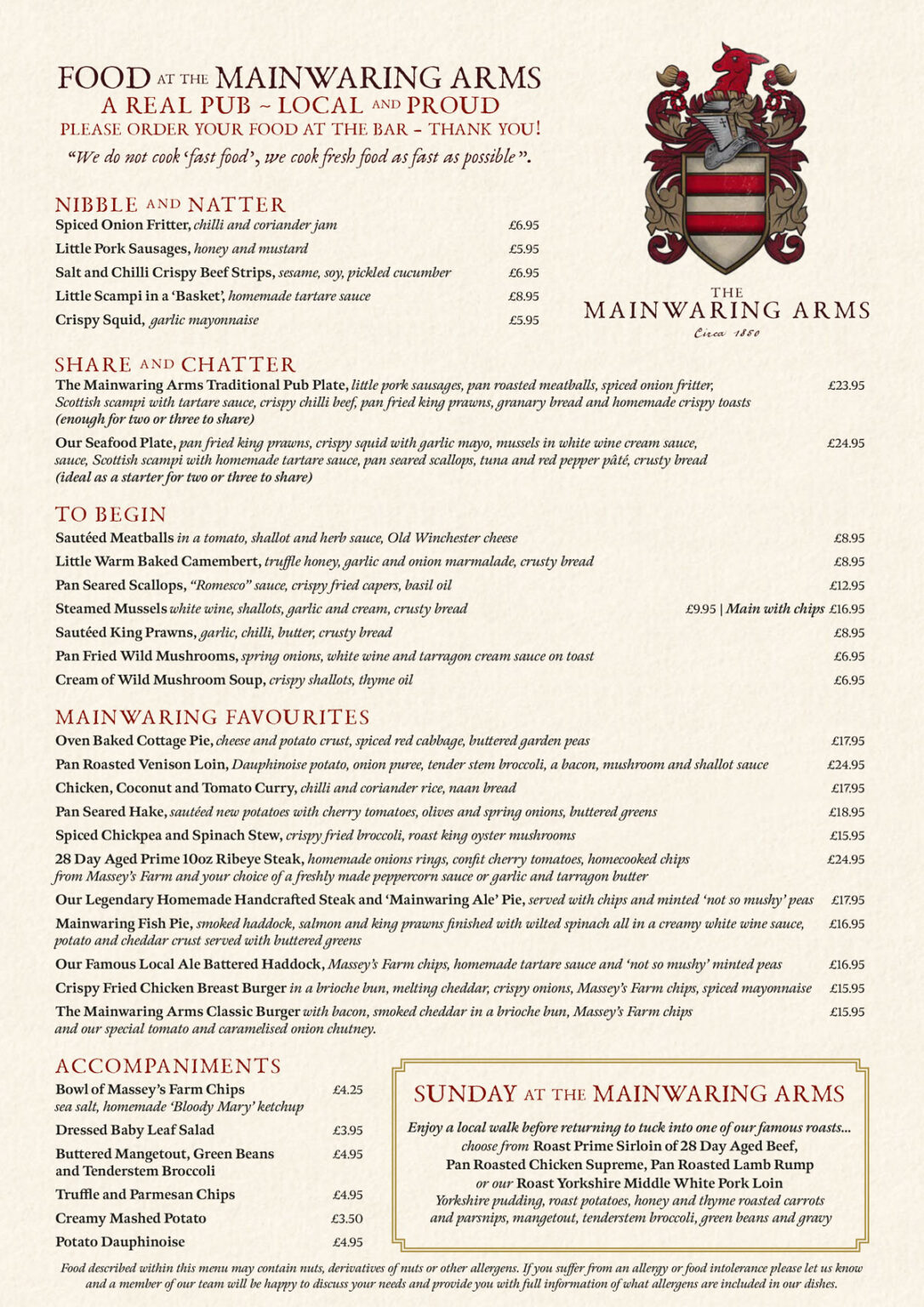 Main Menu | Mainwaring Arms