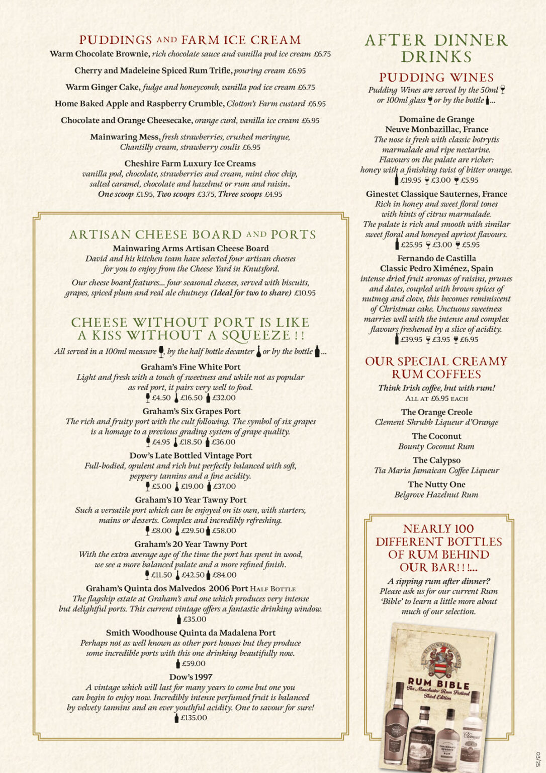 Main Menu | Mainwaring Arms